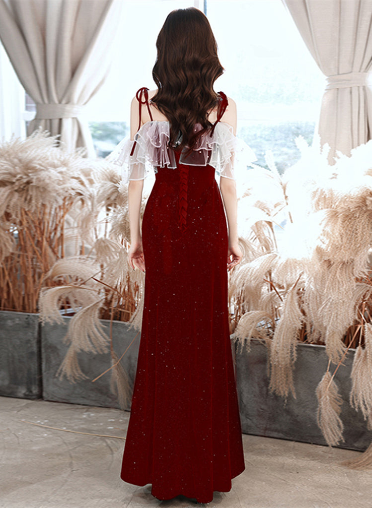 Wine Red Velvet Strapes Long Party Dress with Leg Slit, Wine Red Prom ...