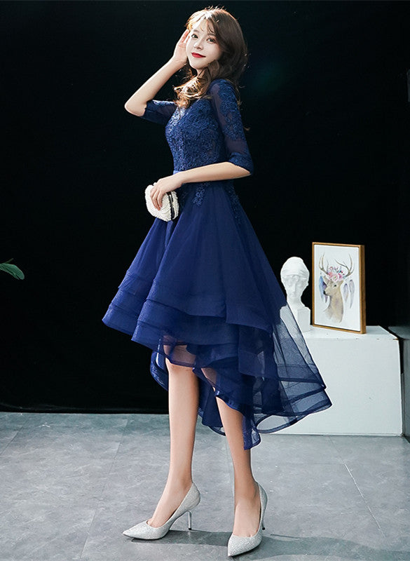 Navy Blue High Low Tulle With Lace Party Dress Blue Homecoming Dress