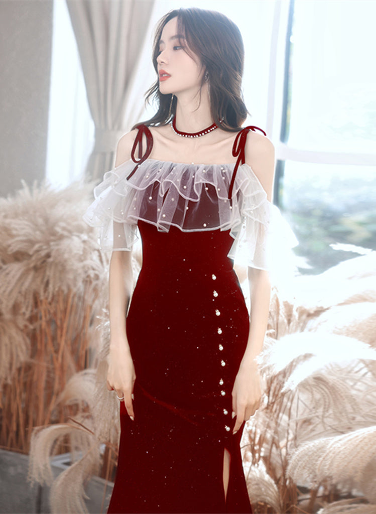 Wine Red Velvet Strapes Long Party Dress with Leg Slit, Wine Red Prom ...