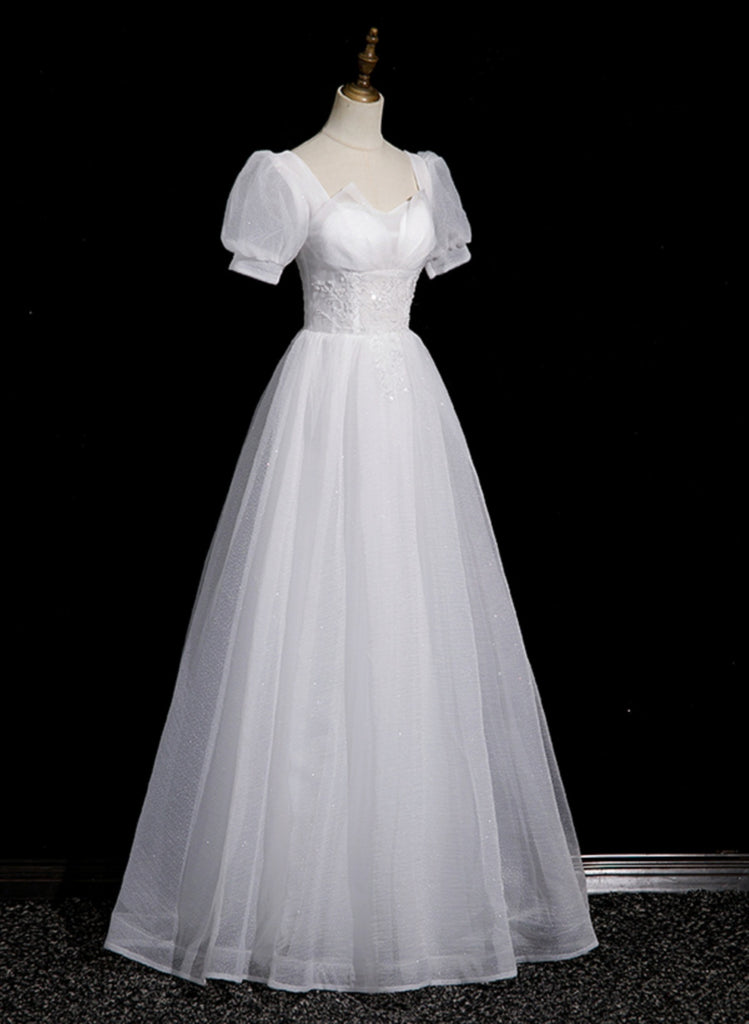 Cute White Tulle Short Sleeves Beaded Party Dress, A-line White Tulle ...