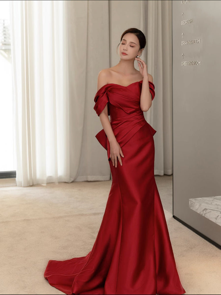 Wine Red Satin Mermaid Long Party Dress with Bow, Wine Red Off Shoulde ...
