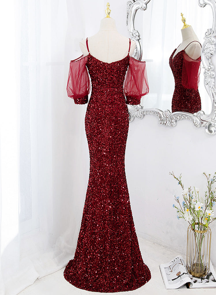 Wine Red Sequins Mermaid Long Party Dress, Wine Red Evening Dress Prom ...