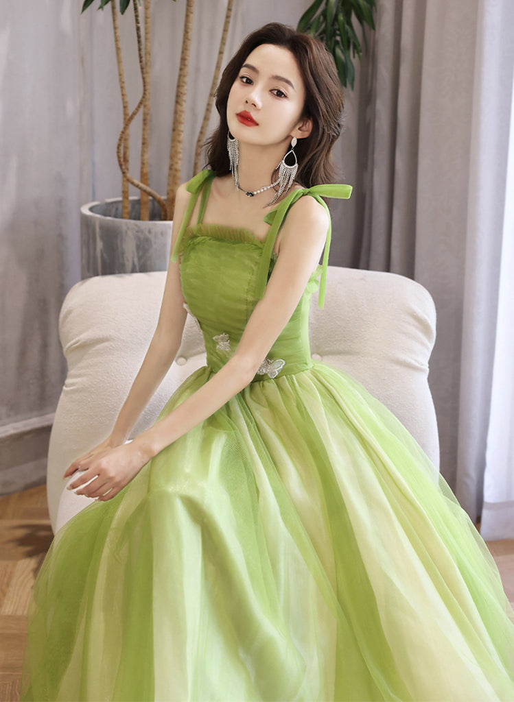 Light Green A-line Straps Tulle Long Party Dress, Light Green Tulle Pr ...