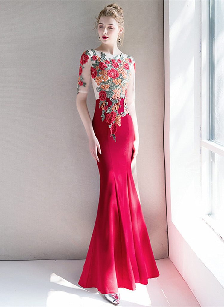 Red Mermaid Round Neckline Long Party Dress, Red Long Evening Dress Pr ...