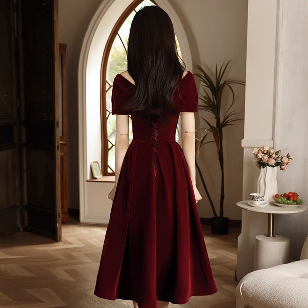 Wine Red Velvet Chic Tea Length, Wine Red Off Shoulder Wedding Party D ...