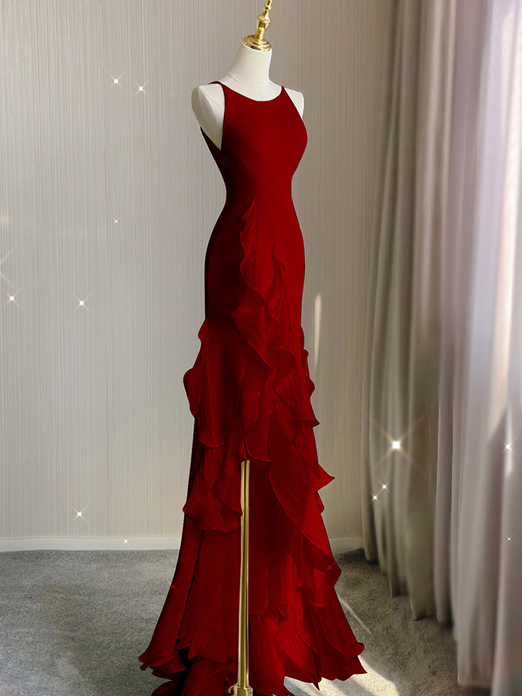 Wine Red Low Back Straps Evening Dress, Wine Red High Low Party Dress ...