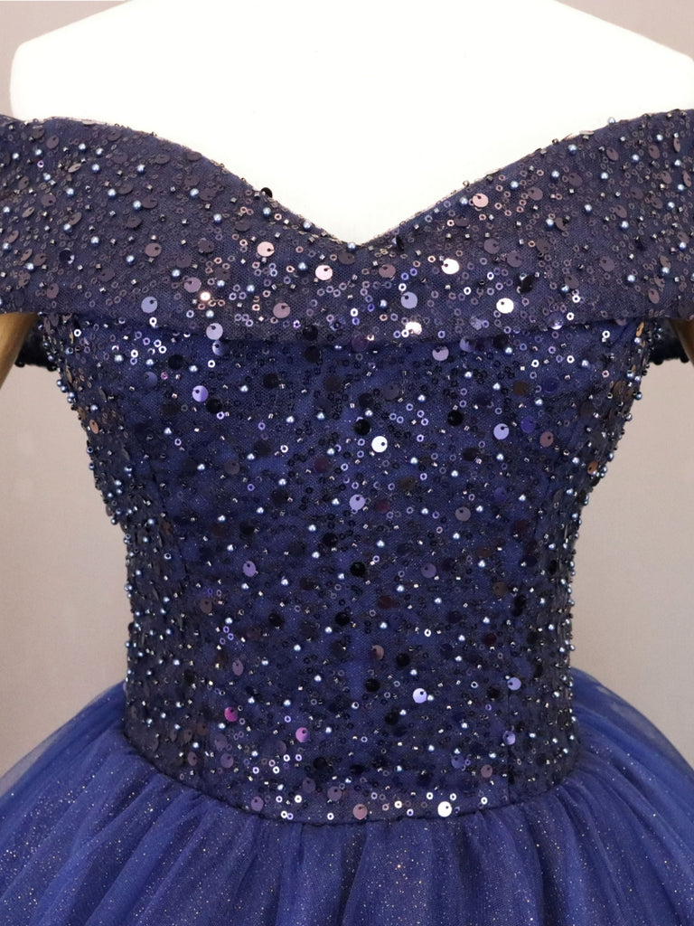 Glam Navy Blue Off Shoulder Beaded Tulle Formal Gown, Navy Blue Sweet ...