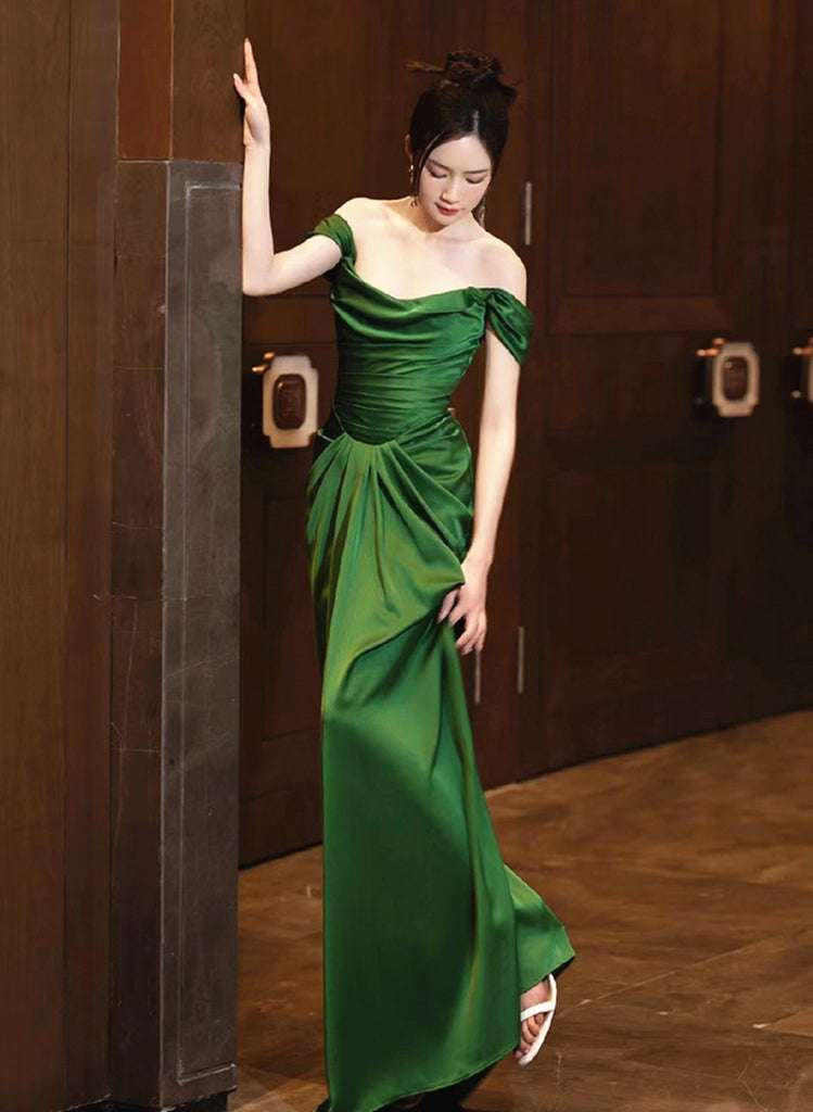 Green Off Shoulder Beautiful Soft Satin Evening Dress, Green Long Prom ...