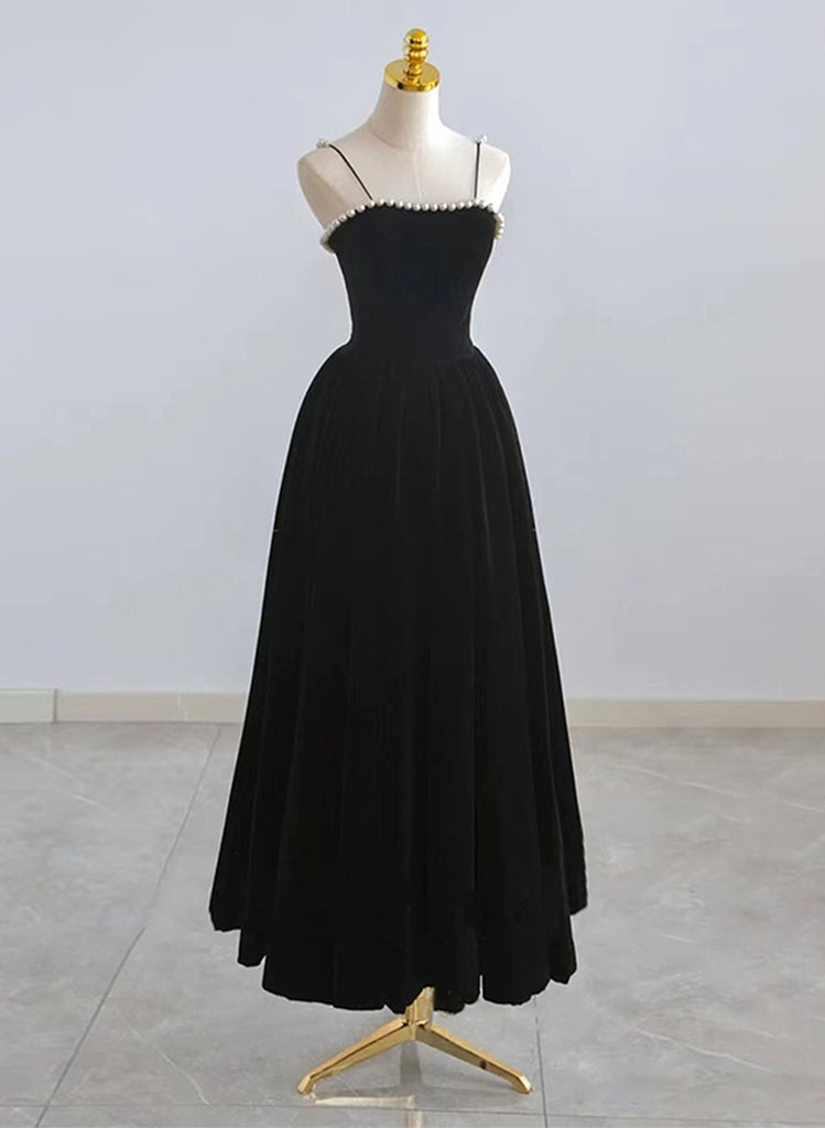 Cute Black Velvet Straps Tea Length Party Dress, Black Velvet Homecomi ...