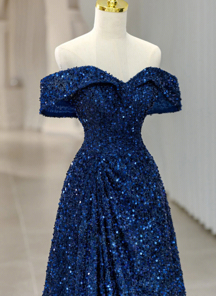Blue Sequins Sweetheart Off Shoulder Party Dress, A-line Blue Long Eve ...