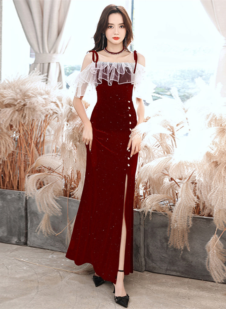 Wine Red Velvet Strapes Long Party Dress with Leg Slit, Wine Red Prom ...