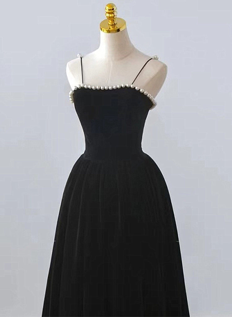 Cute Black Velvet Straps Tea Length Party Dress, Black Velvet Homecomi ...
