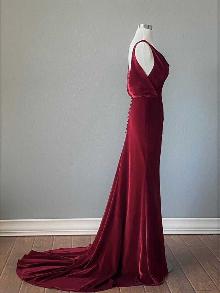 Wine Red Velvet Backless Straps Prom Dress, Wine Red Velvet Party Dres ...