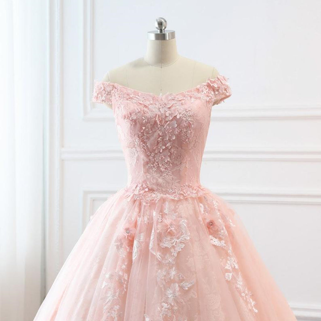 Pink Sweetheart Off Shoulder with Lace Long Sweet 16 Dress, Pink Forma ...