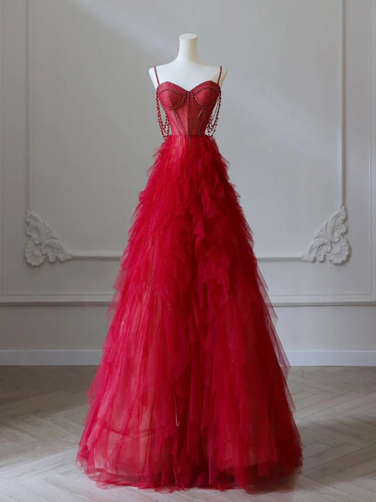 Red Sweetheart Tulle Layers Beaded Straps Prom Dress, Red Floor Length ...