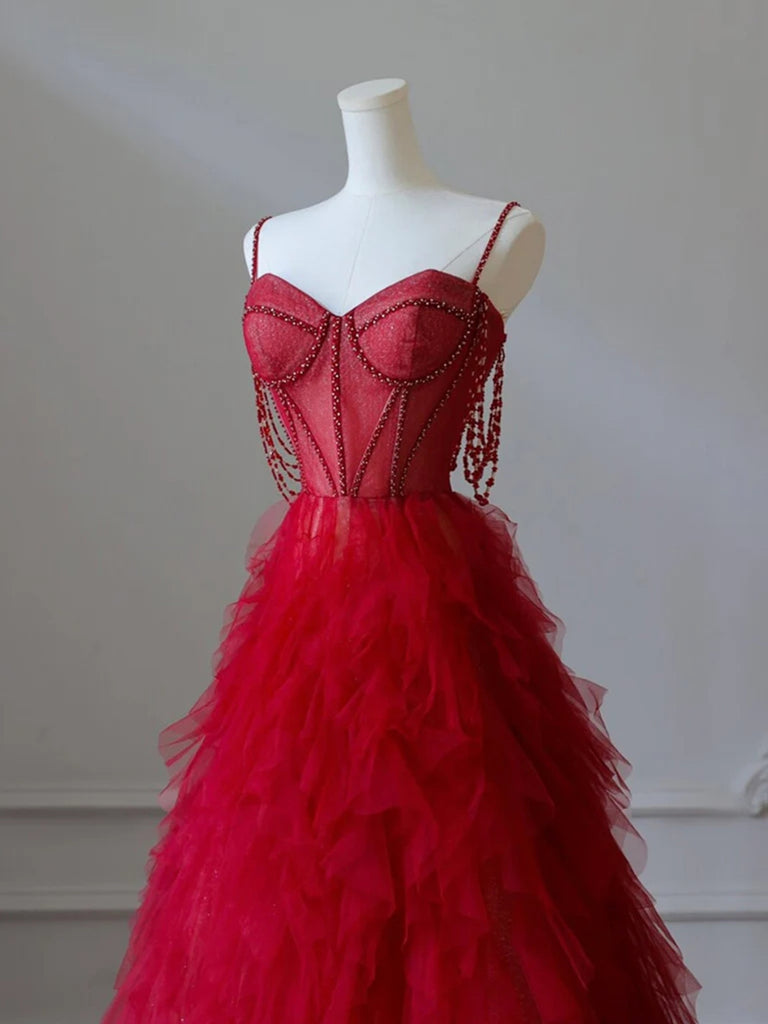 Red Sweetheart Tulle Layers Beaded Straps Prom Dress, Red Floor Length ...