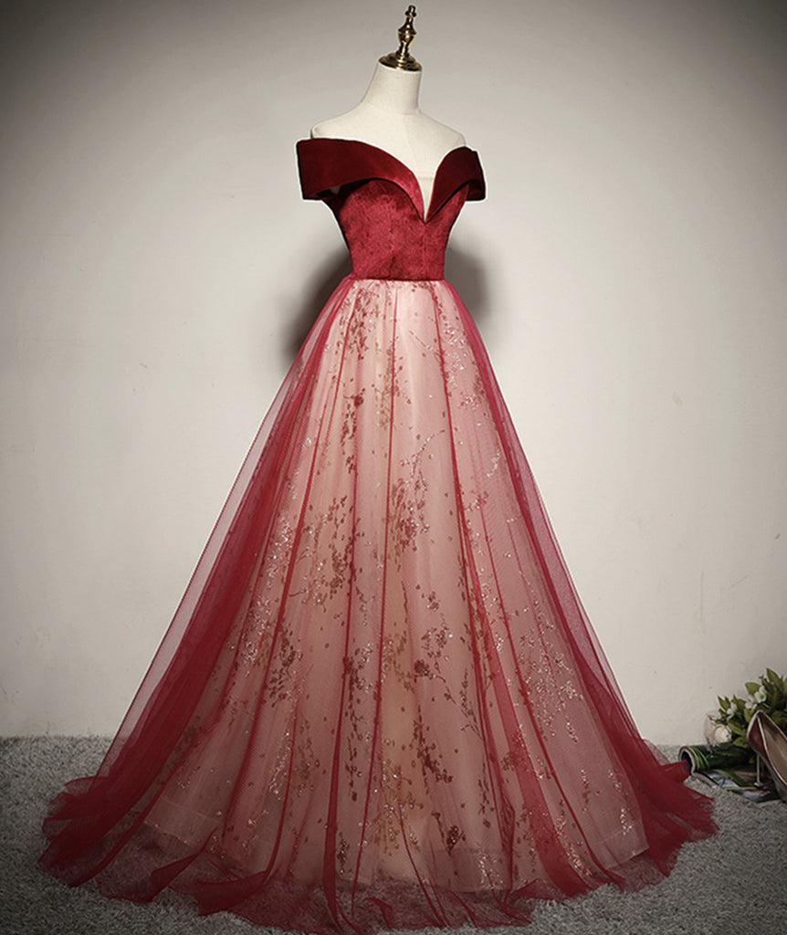 Wine Red A-line Off Shoulder Tulle with Velvet Prom Dress, Wine Red Tu ...