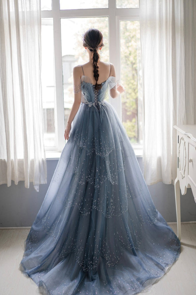 Blue Tulle Straps V-neckline Long Formal Dress, Blue Layers Tulle Prom ...