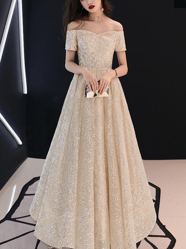 Beautiful Off Shoulder Gold Long Prom Dress , Junior Party Dress ...