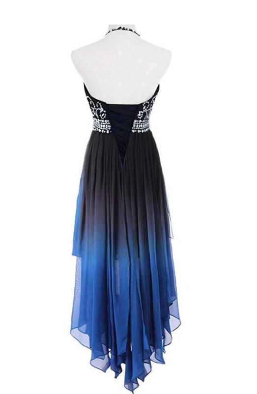 Beautiful Beaded High Low Chiffon Gradient Party Dress, Blue Homecomin ...