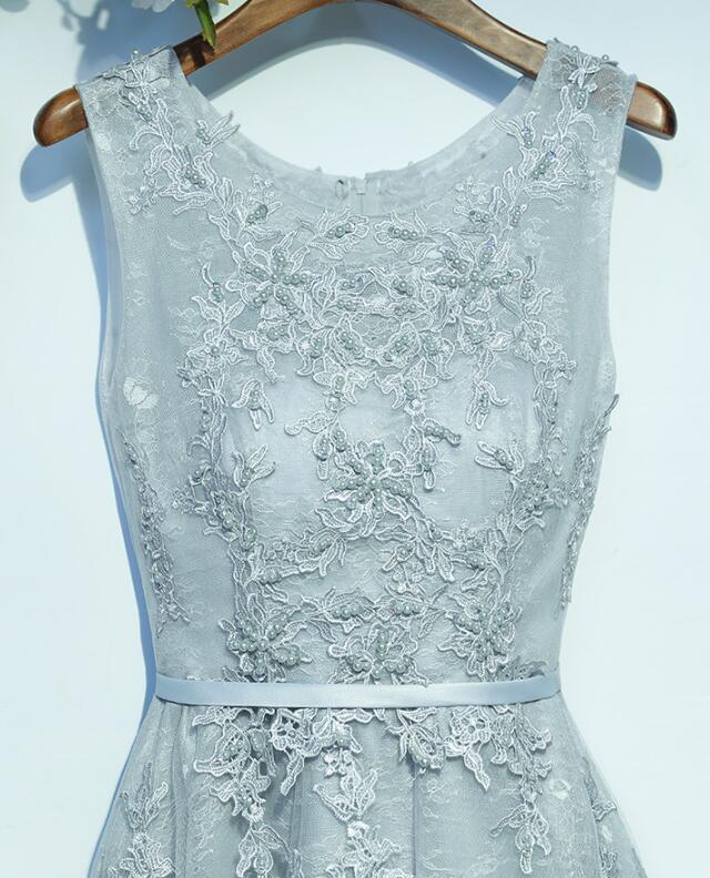 Light Grey Tea Length Round Neckline Bridesmaid Dress, Short Wedding P ...