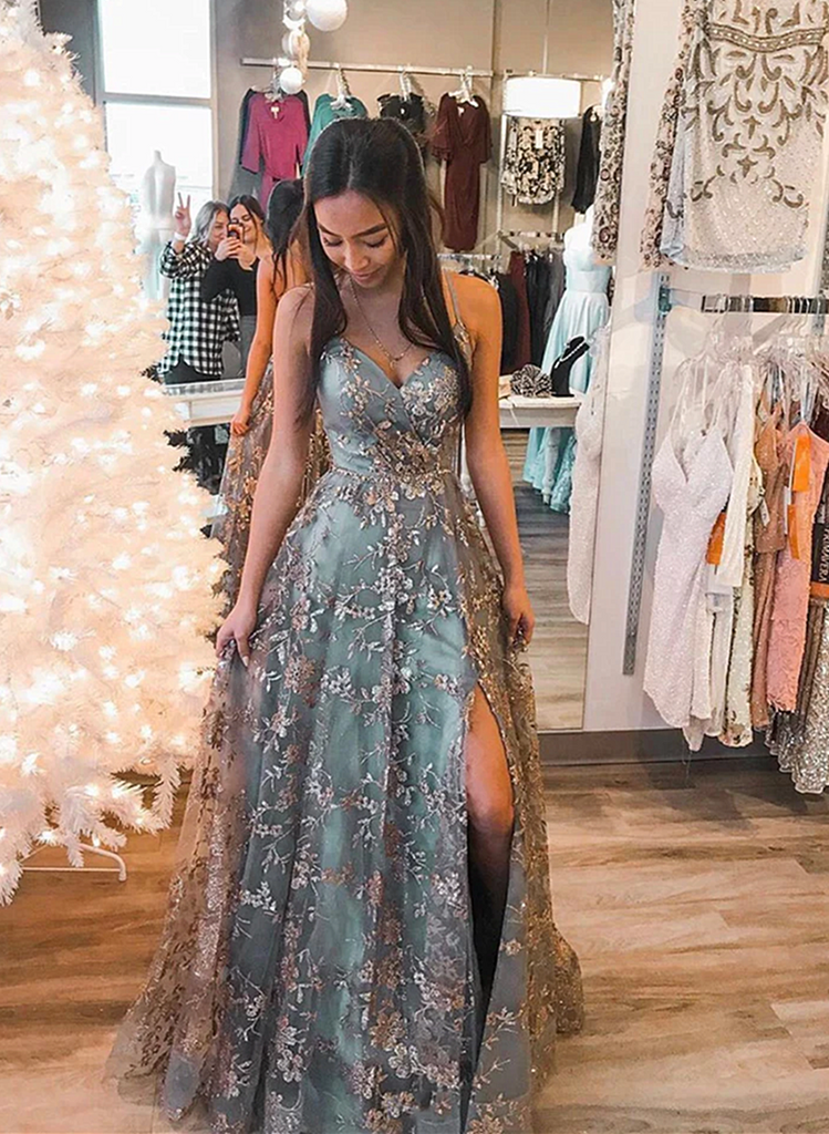 A-line Tulle Sequins Long Prom Dress, Cross Back Formal Dress Party Dr ...