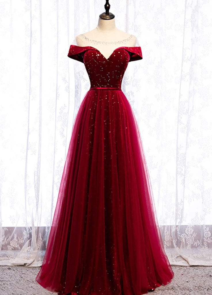 Glam Wine Red Tulle with Velvet Long Party Dress, Dark Red Formal Dres ...