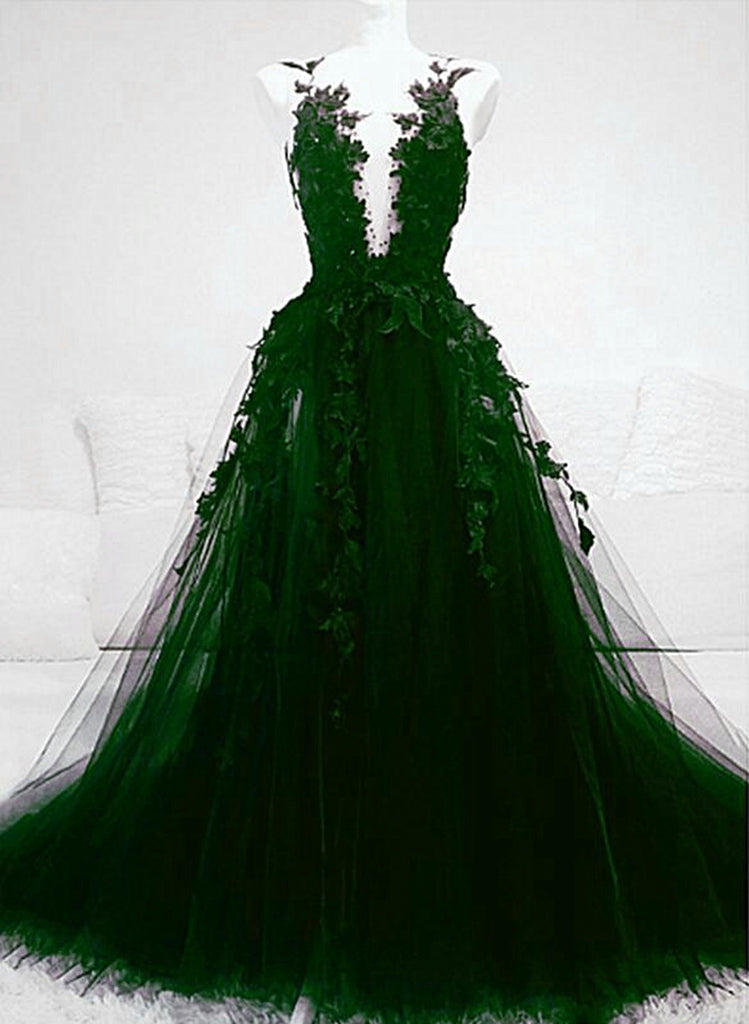 Dark Green Tulle with Lace Deep Neckline Backless Prom Dress, Dark Gre ...