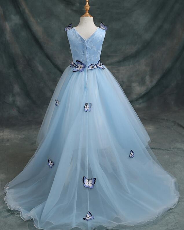 Lovely Blue Tulle Round Neckline Flower Girl Dress, Cute Blue Flower G ...