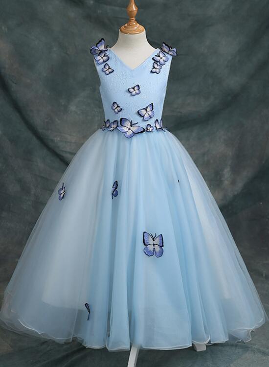 Lovely Blue Tulle Round Neckline Flower Girl Dress, Cute Blue Flower G ...