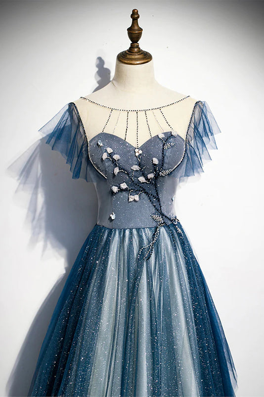 Blue A-line Round Neckline Beaded Prom Dress, Blue Round Neckline Part ...