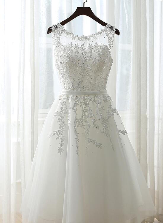 Cute White Simple Tea Length Round Neckline Wedding Party Dress, Prom ...