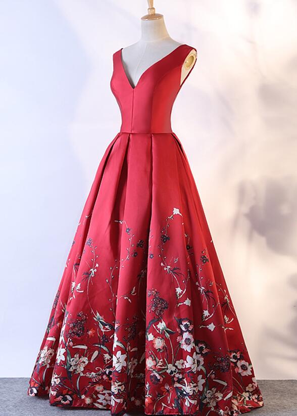 Red Satin Flowers Beautiful V-neckline Party Dress , Charming Formal G ...