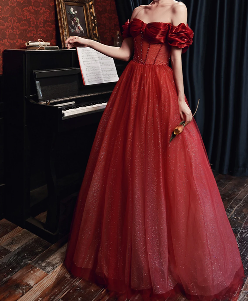 Wine Red Off Shoulder Prom Dress Sparkly Party Dress, Wine Red Sweethe ...
