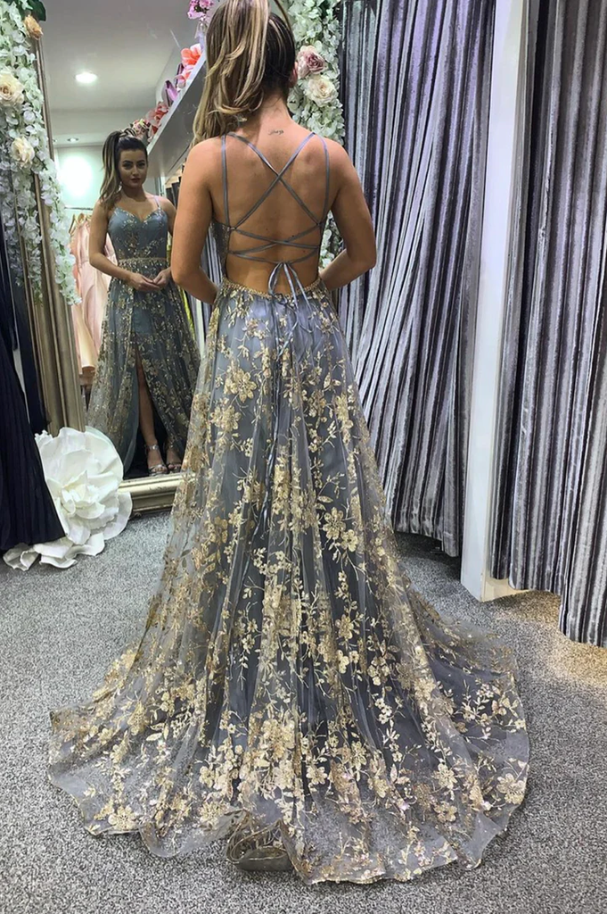 A-line Tulle Sequins Long Prom Dress, Cross Back Formal Dress Party Dr ...
