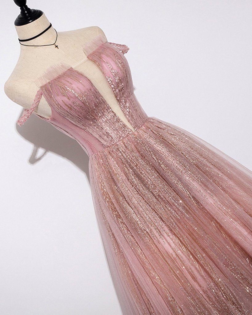 Unique Pink Sequins Tulle Off Shoulder Long Custom Size Senior Prom Dr ...