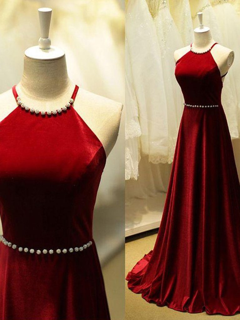 A-Line Halter Sleeveless Cross Back Velvet Long Red Gown, Red Formal D ...