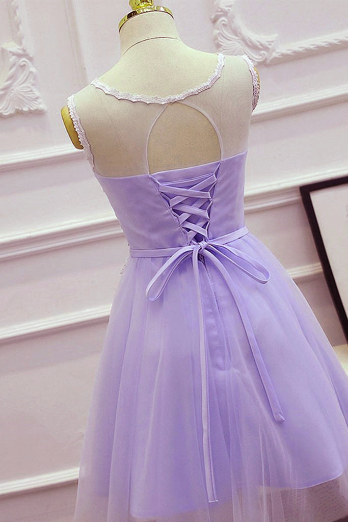 Cute Light Purple Tulle Short Prom Dress, Lace Applique Formal Dress ...