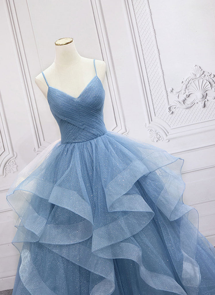 Blue Chic Tulle A-line Long Prom Dress, Blue Straps Formal Dress Party ...