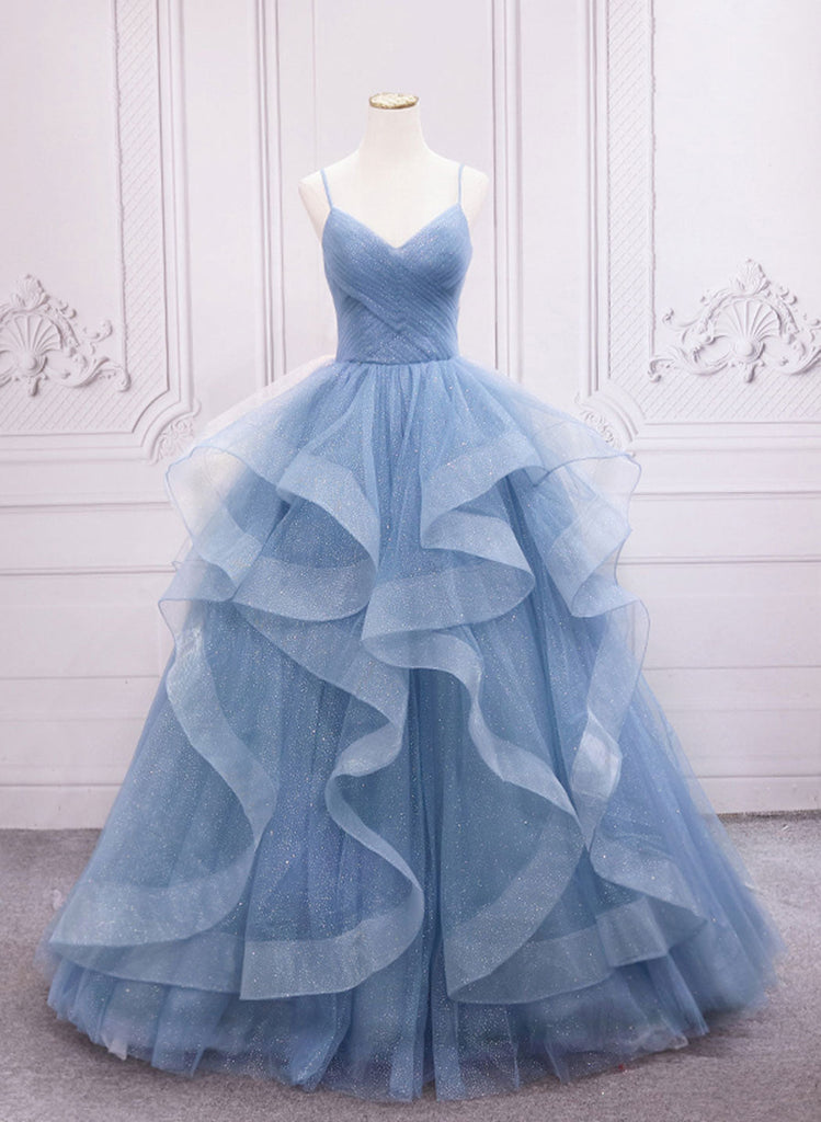 Blue Chic Tulle A-line Long Prom Dress, Blue Straps Formal Dress Party ...