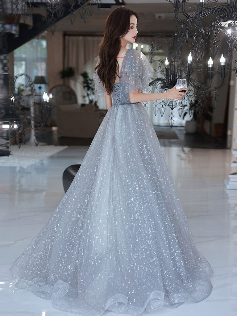 Lovely Grey Shiny Tulle V-neckline Puffy Sleeves Long Prom Dresses, Gr ...