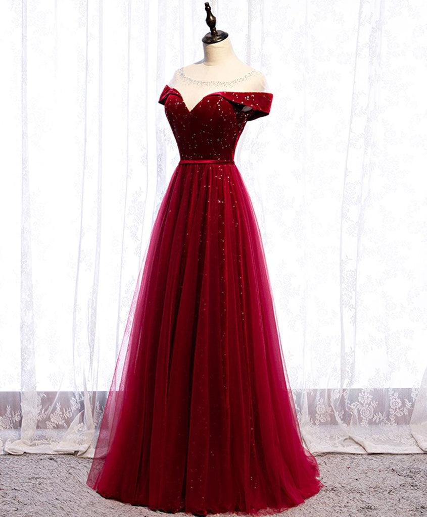 Glam Wine Red Tulle with Velvet Long Party Dress, Dark Red Formal Dres ...