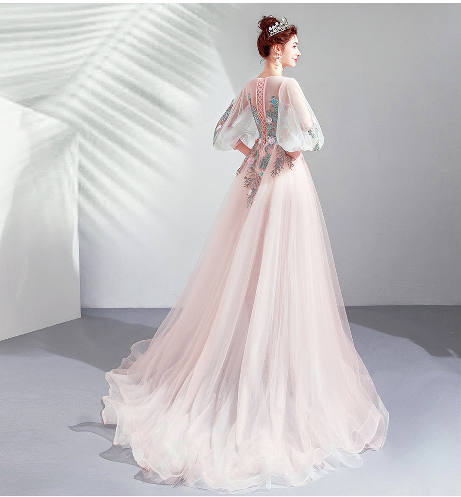 Charming Light Pink Tulle Puffy Sleeves Floor Length Party Dress, Pink ...
