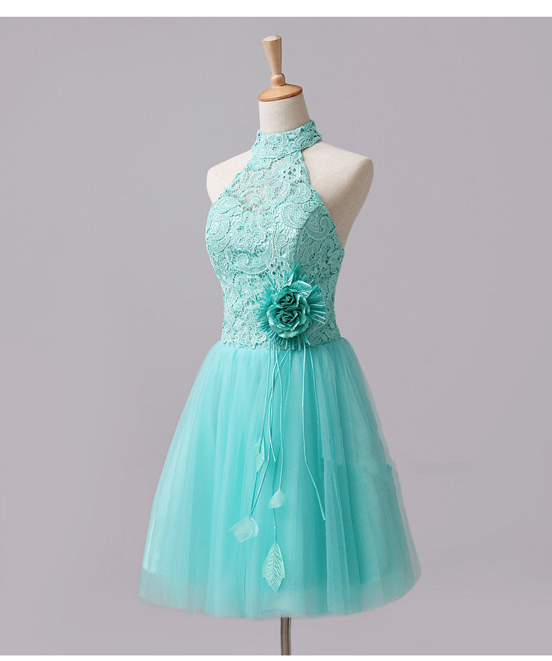 Cute Mint Halter Lace Flowers Homecoming Dresses, Short Prom Dress Gra ...