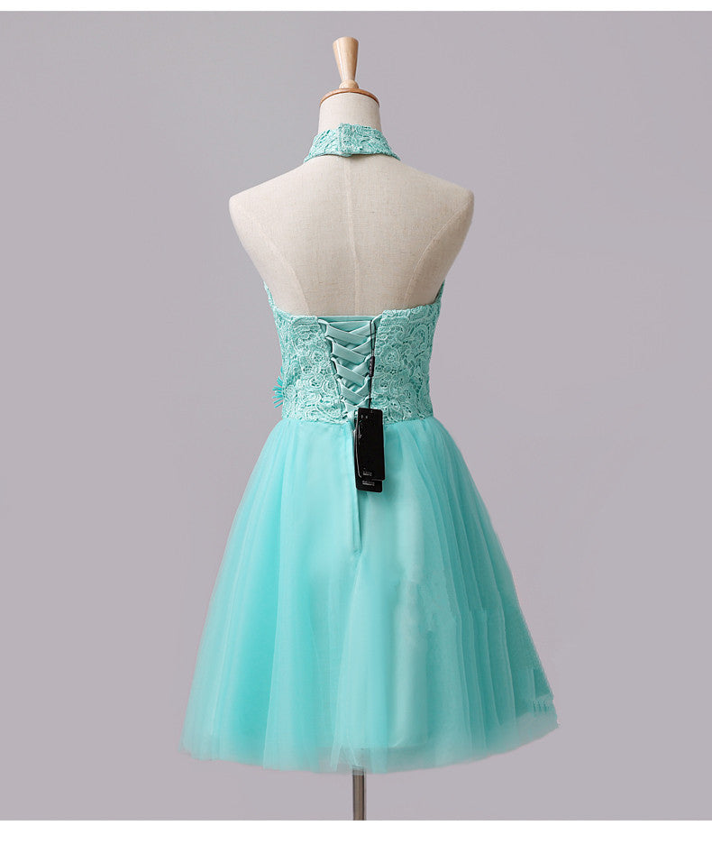 Cute Mint Halter Lace Flowers Homecoming Dresses, Short Prom Dress Gra ...