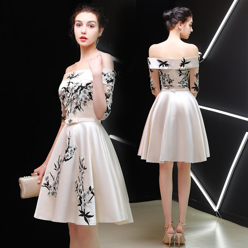 Light Champagne Satin Off Shoulder Homecoming Dress Prom Dress, Champa ...