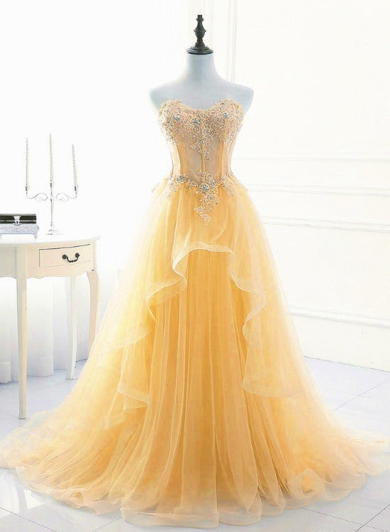 Light Yellow Beaded Tulle Long Party Dress Prom Dress, Yellow Formal D ...