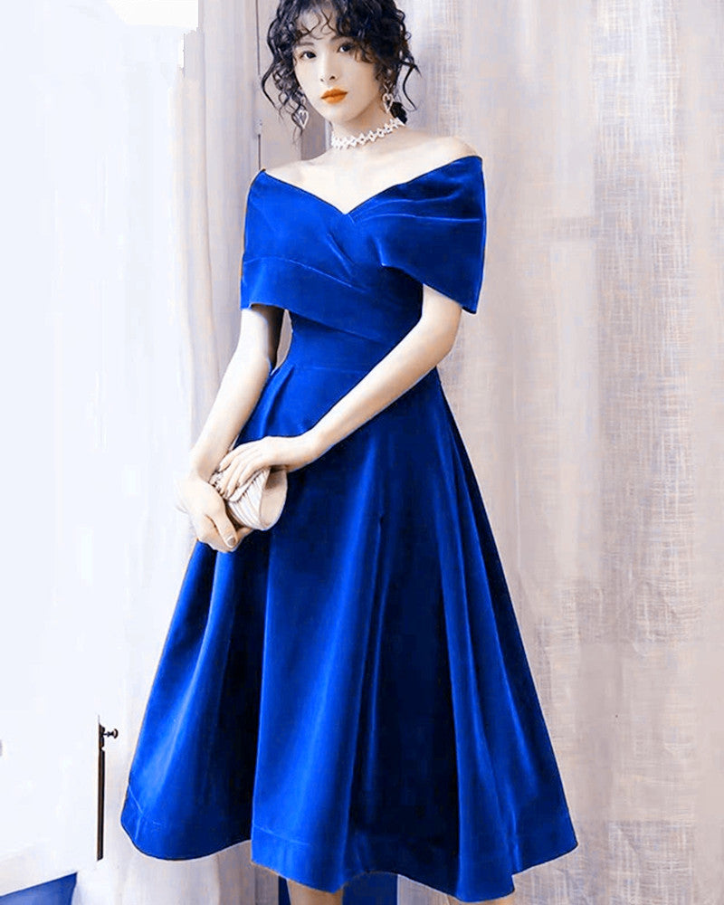 Lovely Royal Blue Velvet Tea Length Off Shoulder Party Dress, Blue Vel ...
