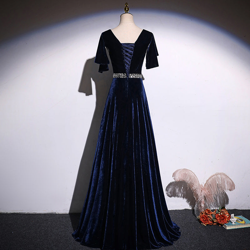 Navy Blue Velvet A-line long Beaded Elegant Party Dress, Simple Velvet ...