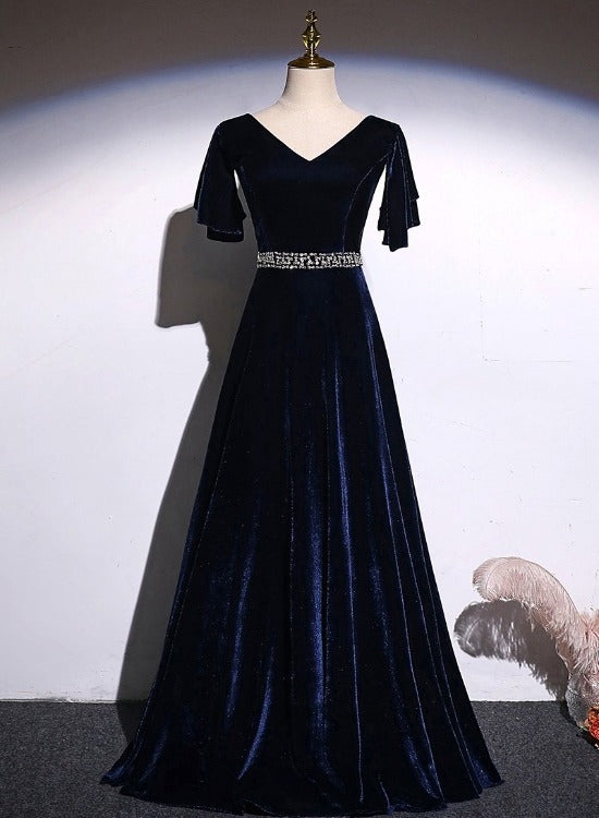 Navy Blue Velvet A-line long Beaded Elegant Party Dress, Simple Velvet ...